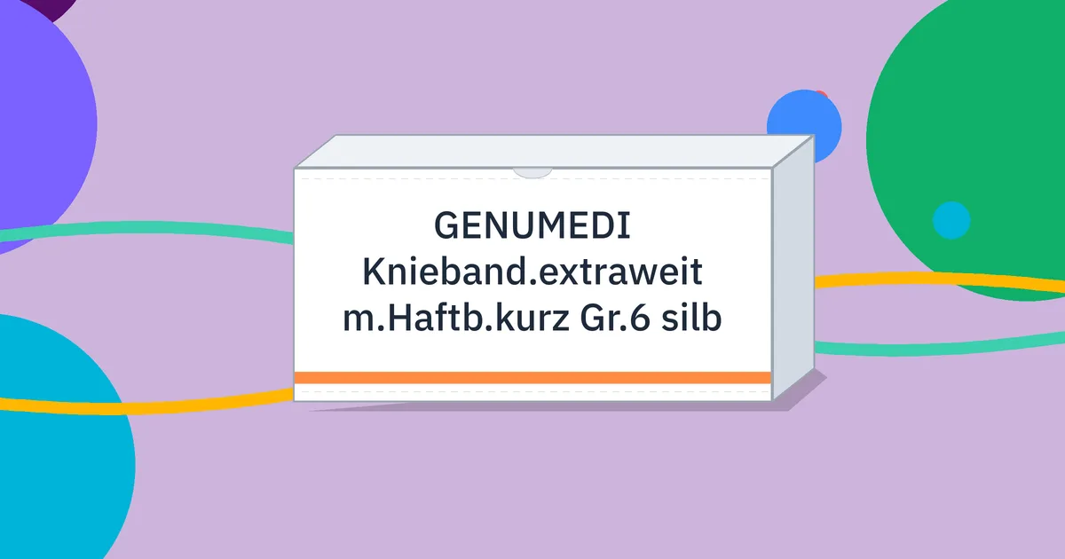 Symbolbild: Packung mit der Aufschrift GENUMEDI Knieband.extraweit m.Haftb.kurz Gr.6 silb (PZN 19886259) – Verfügbarkeit und Bezug in Apotheken in Frankfurt am Main