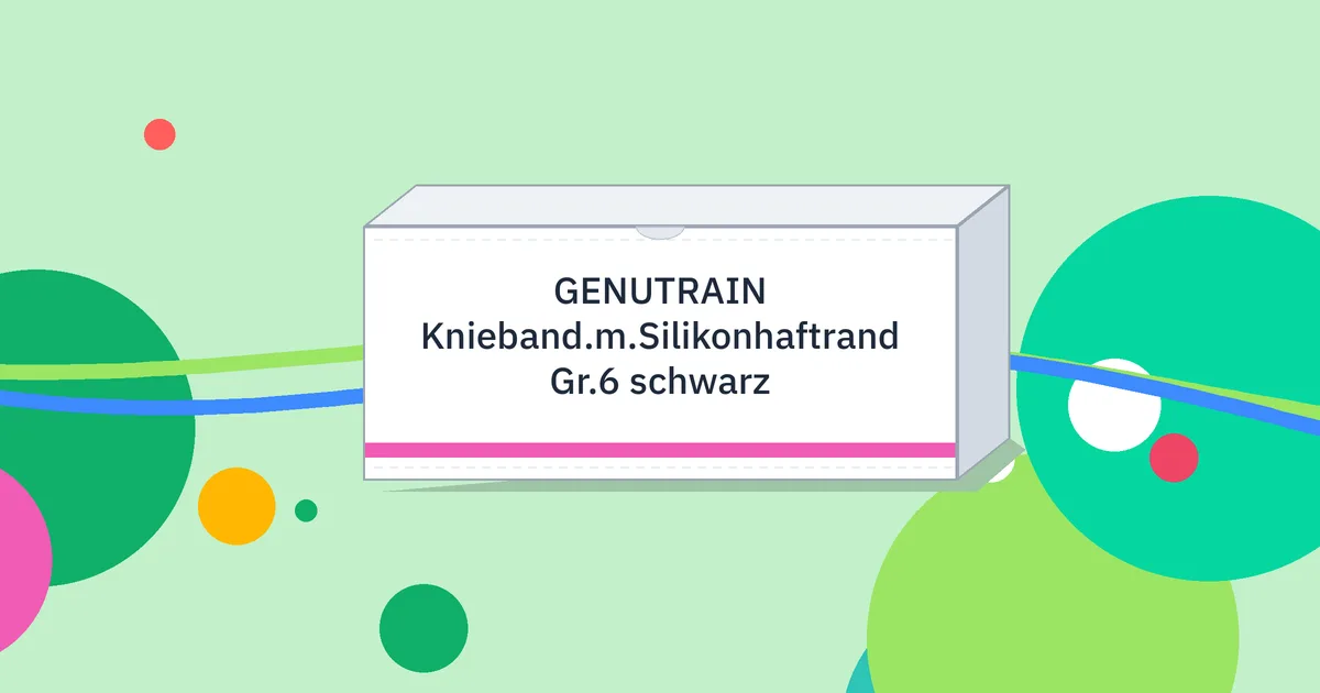 Symbolbild: Packung mit der Aufschrift GENUTRAIN Knieband.m.Silikonhaftrand Gr.6 schwarz (PZN 10213116) – Verfügbarkeit und Bezug in Apotheken in Frankfurt am Main