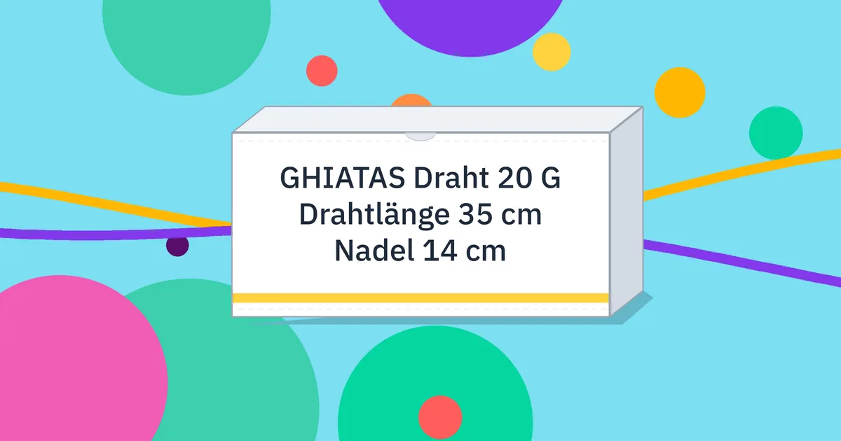 Symbolbild: Packung mit der Aufschrift GHIATAS Draht 20 G Drahtlänge 35 cm Nadel 14 cm (PZN 03566162) – Verfügbarkeit und Bezug in Apotheken in Frankfurt am Main