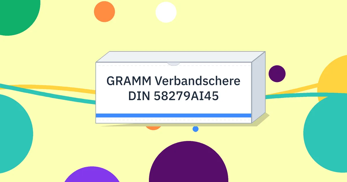 Symbolbild: Packung mit der Aufschrift GRAMM Verbandschere DIN 58279AI45 (PZN 07356616) – Verfügbarkeit und Bezug in Apotheken in Frankfurt am Main