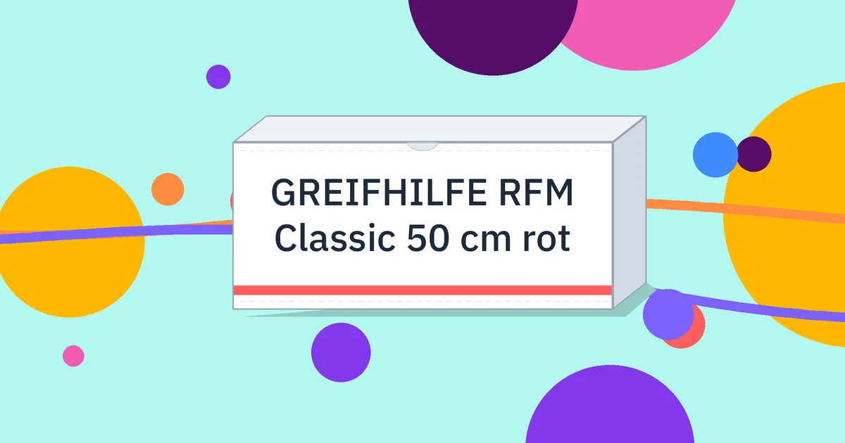Symbolbild: Packung mit der Aufschrift GREIFHILFE RFM Classic 50 cm rot (PZN 20323722) – Verfügbarkeit und Bezug in Apotheken in Frankfurt am Main