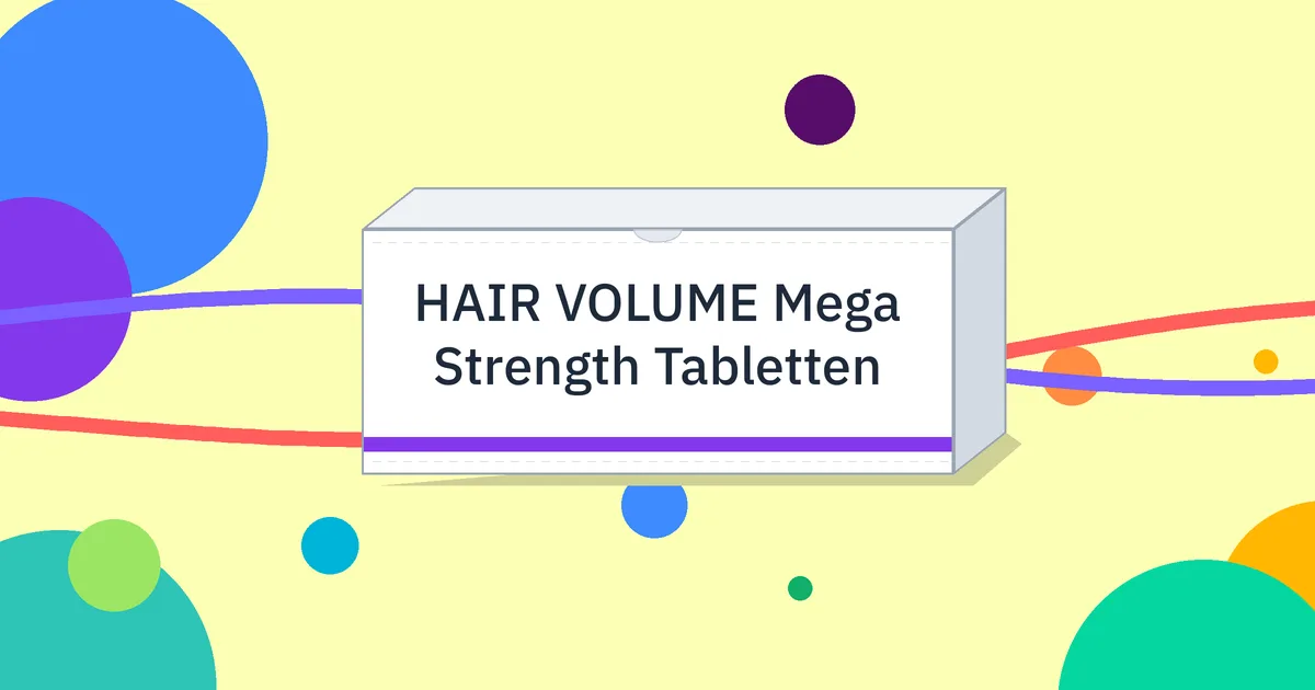 Symbolbild: Packung mit der Aufschrift HAIR VOLUME Mega Strength Tabletten (PZN 20330627) – Verfügbarkeit und Bezug in Apotheken in Frankfurt am Main