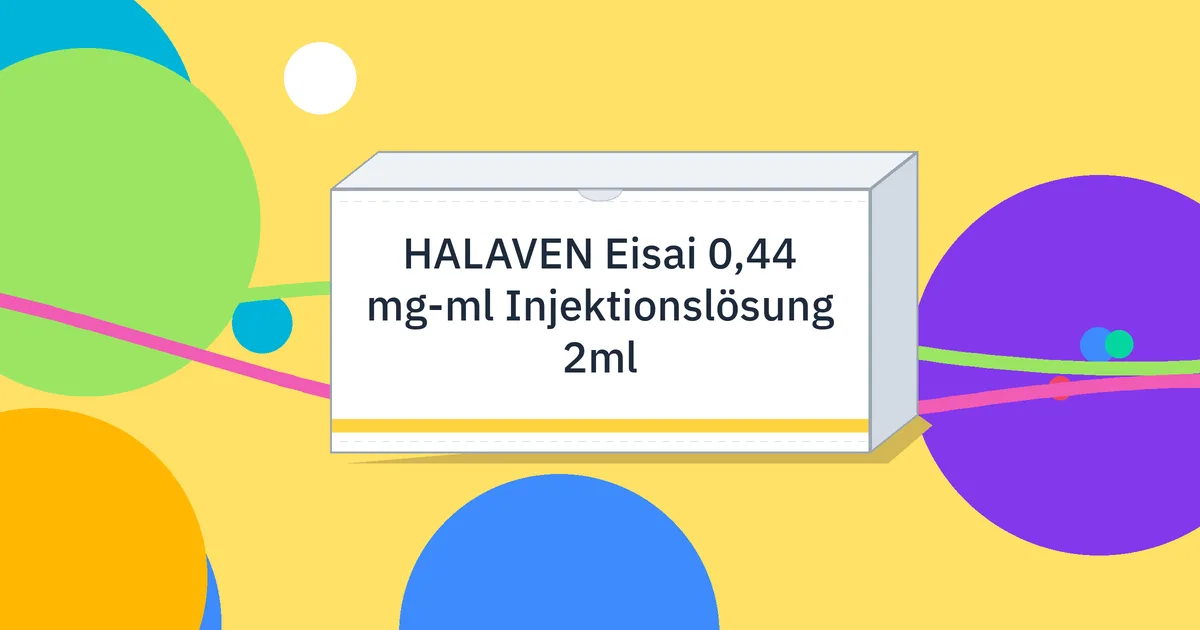 Symbolbild: Packung mit der Aufschrift HALAVEN Eisai 0,44 mg-ml Injektionslösung 2ml (PZN 08443116) – Verfügbarkeit und Bezug in Apotheken in Frankfurt am Main