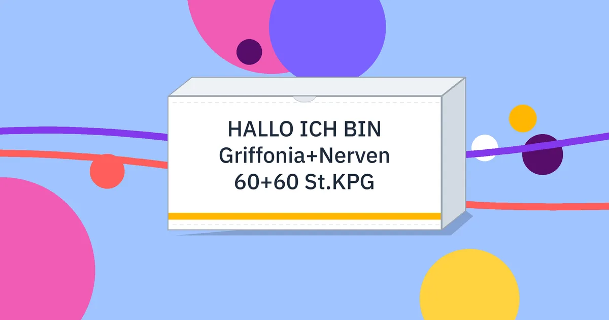 Symbolbild: Packung mit der Aufschrift HALLO ICH BIN Griffonia+Nerven 60+60 St.KPG (PZN 15560621) – Verfügbarkeit und Bezug in Apotheken in Frankfurt am Main