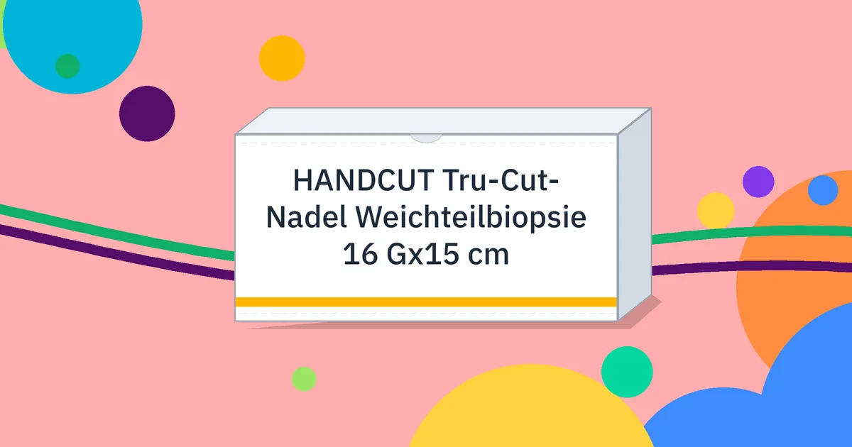 Symbolbild: Packung mit der Aufschrift HANDCUT Tru-Cut-Nadel Weichteilbiopsie 16 Gx15 cm (PZN 19736413) – Verfügbarkeit und Bezug in Apotheken in Frankfurt am Main