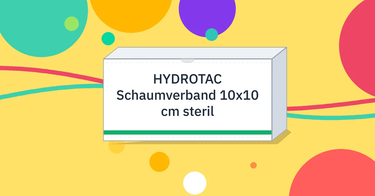 Symbolbild: Packung mit der Aufschrift HYDROTAC Schaumverband 10x10 cm steril (PZN 03451312) – Verfügbarkeit und Bezug in Apotheken in Frankfurt am Main