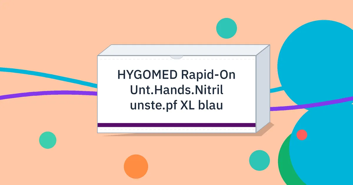 Symbolbild: Packung mit der Aufschrift HYGOMED Rapid-On Unt.Hands.Nitril unste.pf XL blau (PZN 20772704) – Verfügbarkeit und Bezug in Apotheken in Frankfurt am Main