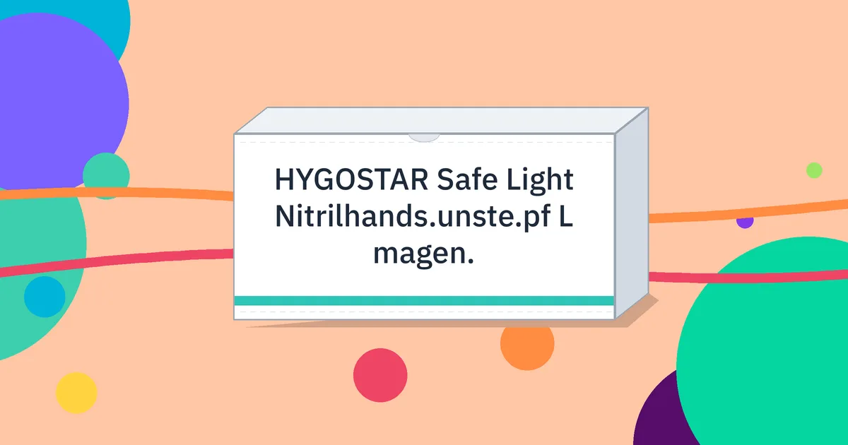 Symbolbild: Packung mit der Aufschrift HYGOSTAR Safe Light Nitrilhands.unste.pf L magen. (PZN 20774123) – Verfügbarkeit und Bezug in Apotheken in Frankfurt am Main