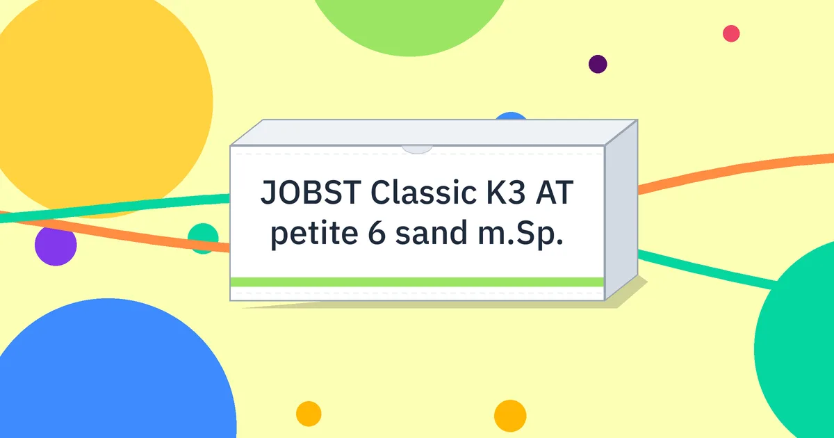 Symbolbild: Packung mit der Aufschrift JOBST Classic K3 AT petite 6 sand m.Sp. (PZN 13077205) – Verfügbarkeit und Bezug in Apotheken in Frankfurt am Main