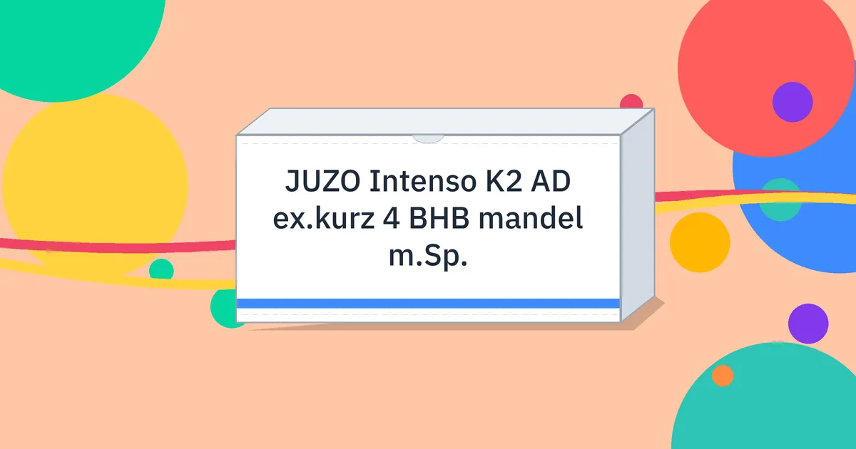 Symbolbild: Packung mit der Aufschrift JUZO Intenso K2 AD ex.kurz 4 BHB mandel m.Sp. (PZN 18615251) – Verfügbarkeit und Bezug in Apotheken in Frankfurt am Main