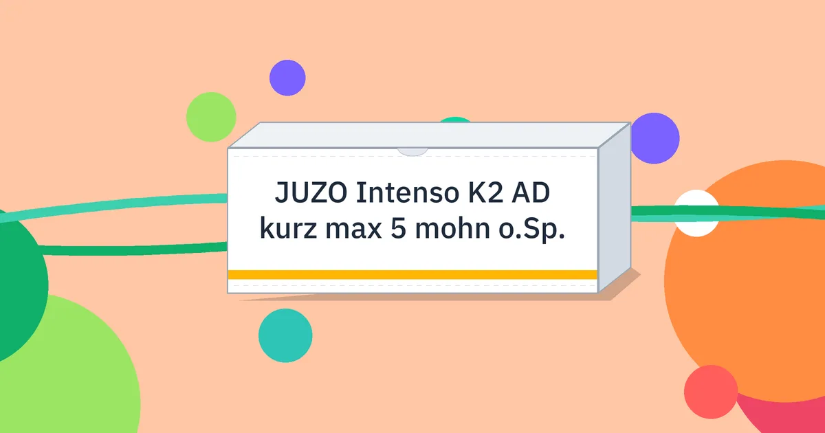 Symbolbild: Packung mit der Aufschrift JUZO Intenso K2 AD kurz max 5 mohn o.Sp. (PZN 18619421) – Verfügbarkeit und Bezug in Apotheken in Frankfurt am Main