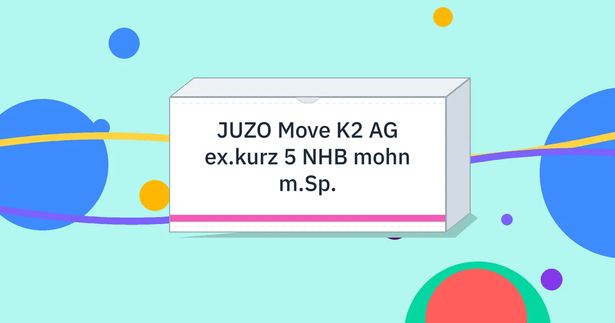 Symbolbild: Packung mit der Aufschrift JUZO Move K2 AG ex.kurz 5 NHB mohn m.Sp. (PZN 18563293) – Verfügbarkeit und Bezug in Apotheken in Frankfurt am Main