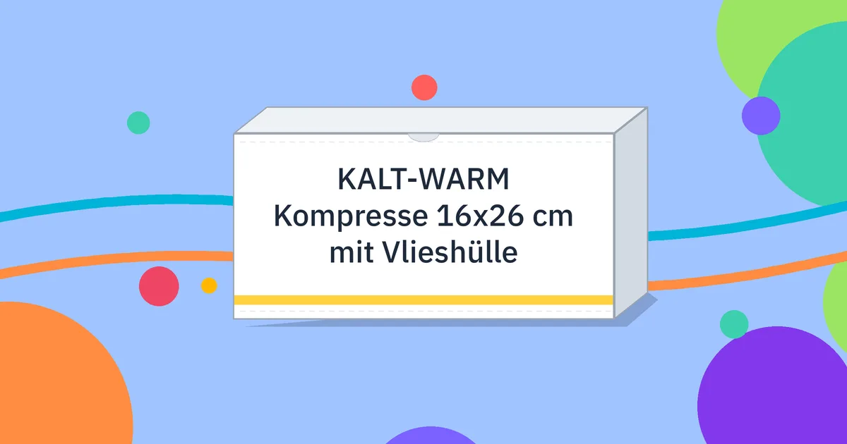 Symbolbild: Packung mit der Aufschrift KALT-WARM Kompresse 16x26 cm mit Vlieshülle (PZN 02738129) – Verfügbarkeit und Bezug in Apotheken in Frankfurt am Main