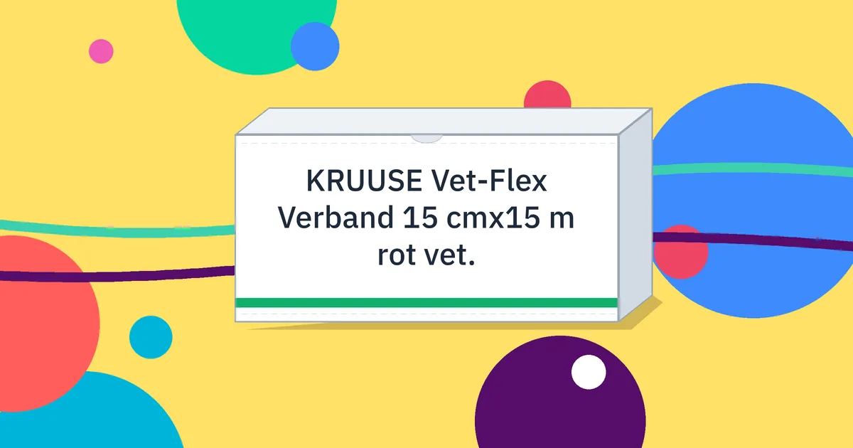Symbolbild: Packung mit der Aufschrift KRUUSE Vet-Flex Verband 15 cmx15 m rot vet. (PZN 18443494) – Verfügbarkeit und Bezug in Apotheken in Frankfurt am Main