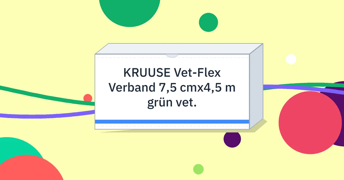 Symbolbild: Packung mit der Aufschrift KRUUSE Vet-Flex Verband 7,5 cmx4,5 m grün vet. (PZN 18443376) – Verfügbarkeit und Bezug in Apotheken in Frankfurt am Main