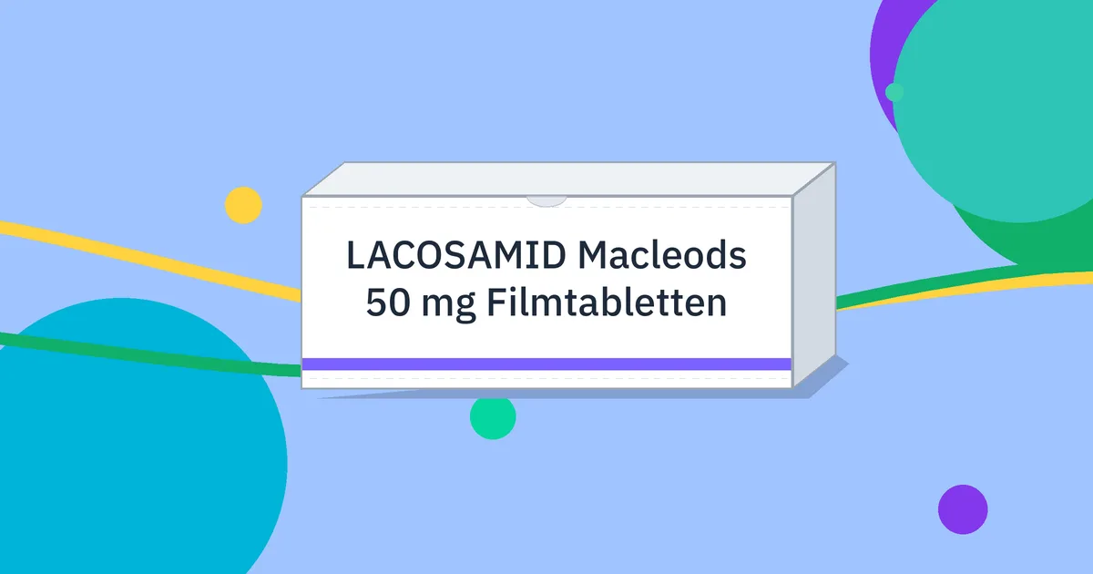 Symbolbild: Packung mit der Aufschrift LACOSAMID Macleods 50 mg Filmtabletten (PZN 18439133) – Verfügbarkeit und Bezug in Apotheken in Frankfurt am Main
