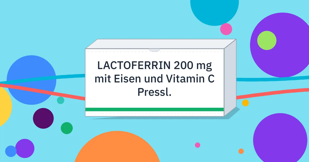 Symbolbild: Packung mit der Aufschrift LACTOFERRIN 200 mg mit Eisen und Vitamin C Pressl. (PZN 18835395) – Verfügbarkeit und Bezug in Apotheken in Frankfurt am Main
