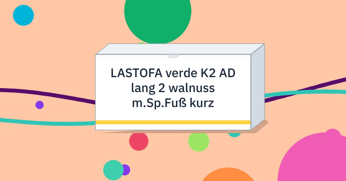 Symbolbild: Packung mit der Aufschrift LASTOFA verde K2 AD lang 2 walnuss m.Sp.Fuß kurz (PZN 16721701) – Verfügbarkeit und Bezug in Apotheken in Frankfurt am Main