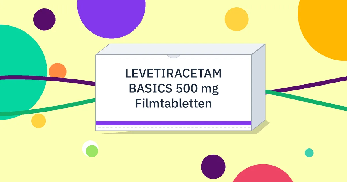 Symbolbild: Packung mit der Aufschrift LEVETIRACETAM BASICS 500 mg Filmtabletten (PZN 09482928) – Verfügbarkeit und Bezug in Apotheken in Frankfurt am Main