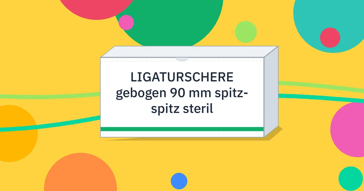 Symbolbild: Packung mit der Aufschrift LIGATURSCHERE gebogen 90 mm spitz-spitz steril (PZN 19978671) – Verfügbarkeit und Bezug in Apotheken in Frankfurt am Main