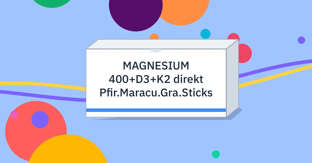 Symbolbild: Packung mit der Aufschrift MAGNESIUM 400+D3+K2 direkt Pfir.Maracu.Gra.Sticks (PZN 19213052) – Verfügbarkeit und Bezug in Apotheken in Frankfurt am Main