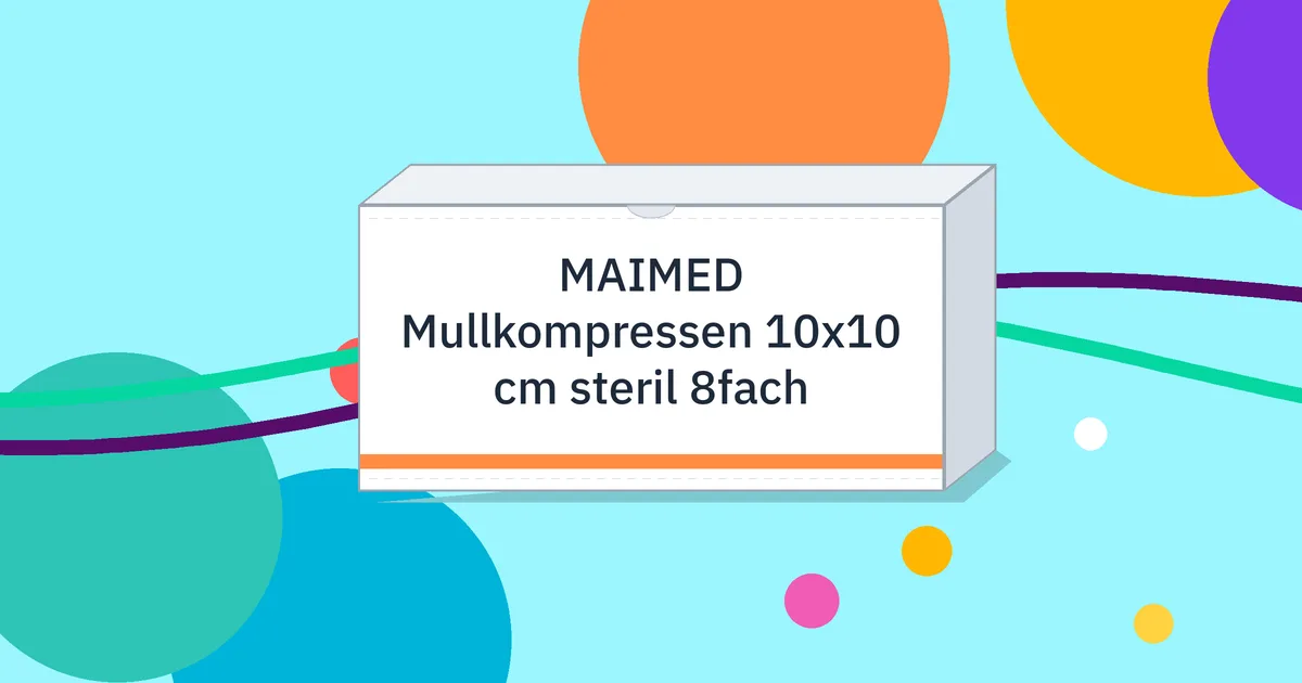 Symbolbild: Packung mit der Aufschrift MAIMED Mullkompressen 10x10 cm steril 8fach (PZN 20055569) – Verfügbarkeit und Bezug in Apotheken in Frankfurt am Main