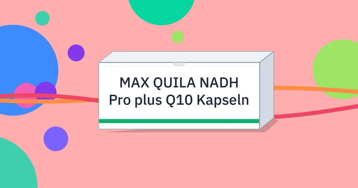 Symbolbild: Packung mit der Aufschrift MAX QUILA NADH Pro plus Q10 Kapseln (PZN 18318955) – Verfügbarkeit und Bezug in Apotheken in Frankfurt am Main