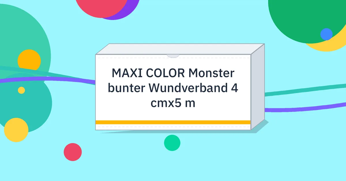 Symbolbild: Packung mit der Aufschrift MAXI COLOR Monster bunter Wundverband 4 cmx5 m (PZN 13571448) – Verfügbarkeit und Bezug in Apotheken in Frankfurt am Main