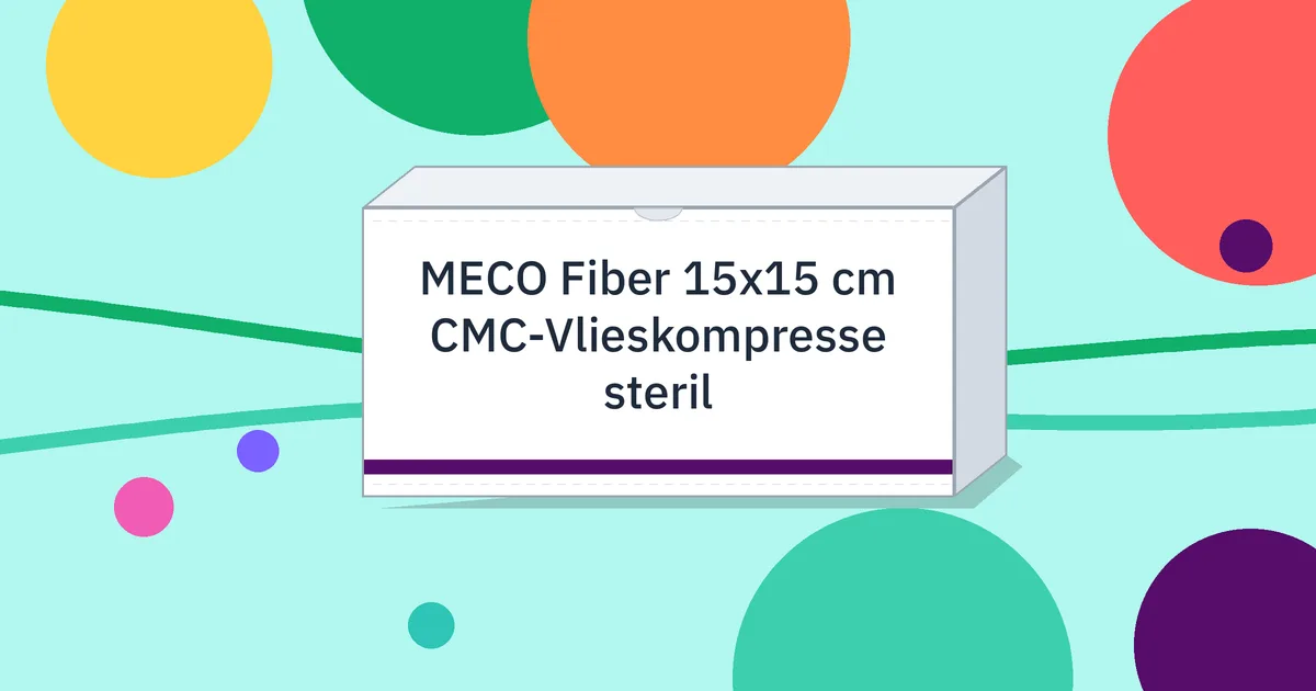 Symbolbild: Packung mit der Aufschrift MECO Fiber 15x15 cm CMC-Vlieskompresse steril (PZN 20084832) – Verfügbarkeit und Bezug in Apotheken in Frankfurt am Main