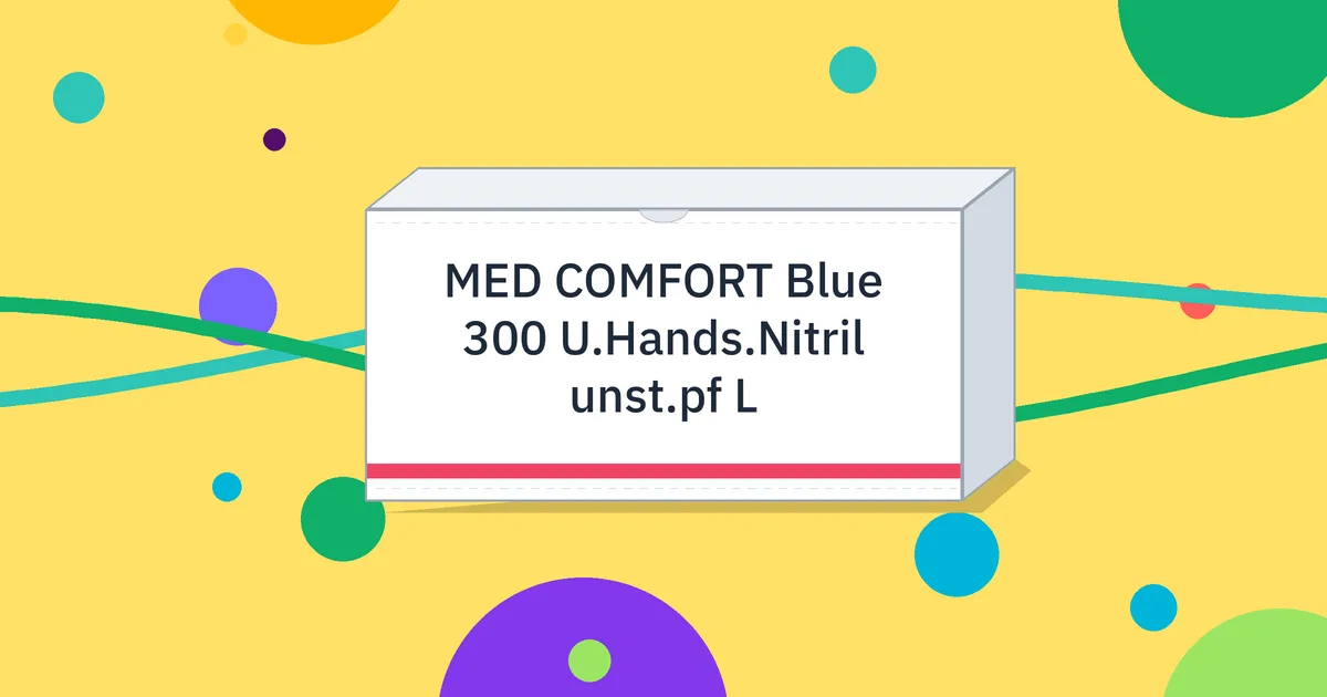 Symbolbild: Packung mit der Aufschrift MED COMFORT Blue 300 U.Hands.Nitril unst.pf L (PZN 15560207) – Verfügbarkeit und Bezug in Apotheken in Frankfurt am Main