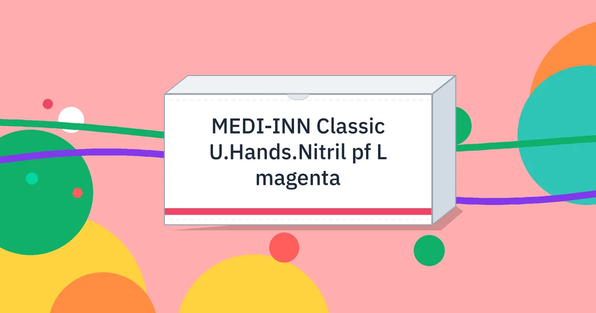Symbolbild: Packung mit der Aufschrift MEDI-INN Classic U.Hands.Nitril pf L magenta (PZN 18445010) – Verfügbarkeit und Bezug in Apotheken in Frankfurt am Main