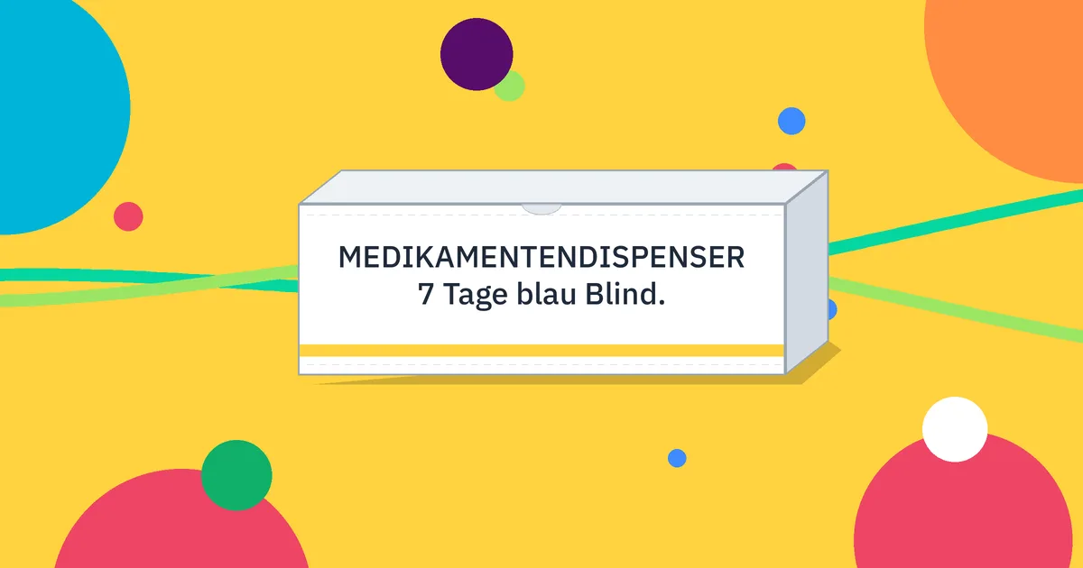 Symbolbild: Packung mit der Aufschrift MEDIKAMENTENDISPENSER 7 Tage blau Blind. (PZN 09422174) – Verfügbarkeit und Bezug in Apotheken in Frankfurt am Main