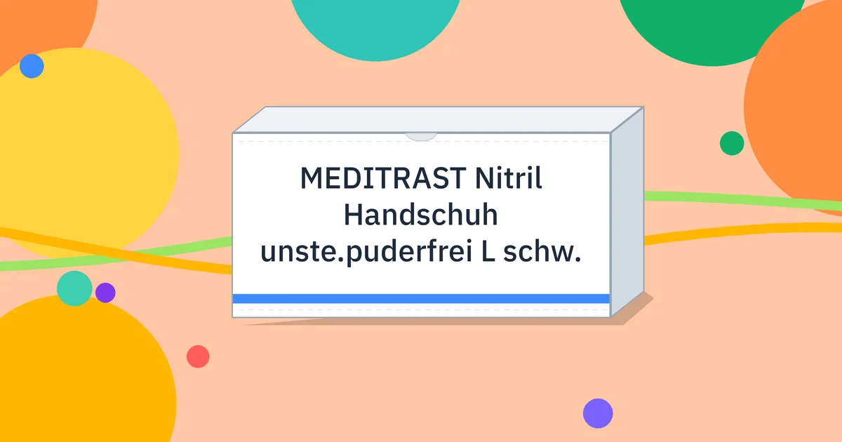 Symbolbild: Packung mit der Aufschrift MEDITRAST Nitril Handschuh unste.puderfrei L schw. (PZN 13510926) – Verfügbarkeit und Bezug in Apotheken in Frankfurt am Main