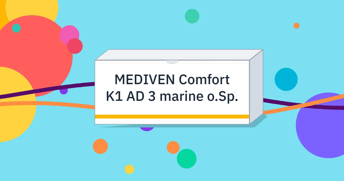 Symbolbild: Packung mit der Aufschrift MEDIVEN Comfort K1 AD 3 marine o.Sp. (PZN 14559604) – Verfügbarkeit und Bezug in Apotheken in Frankfurt am Main