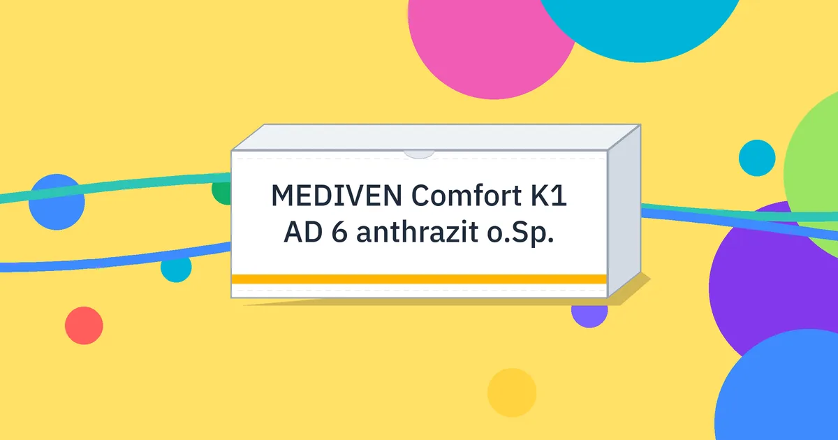 Symbolbild: Packung mit der Aufschrift MEDIVEN Comfort K1 AD 6 anthrazit o.Sp. (PZN 14558622) – Verfügbarkeit und Bezug in Apotheken in Frankfurt am Main