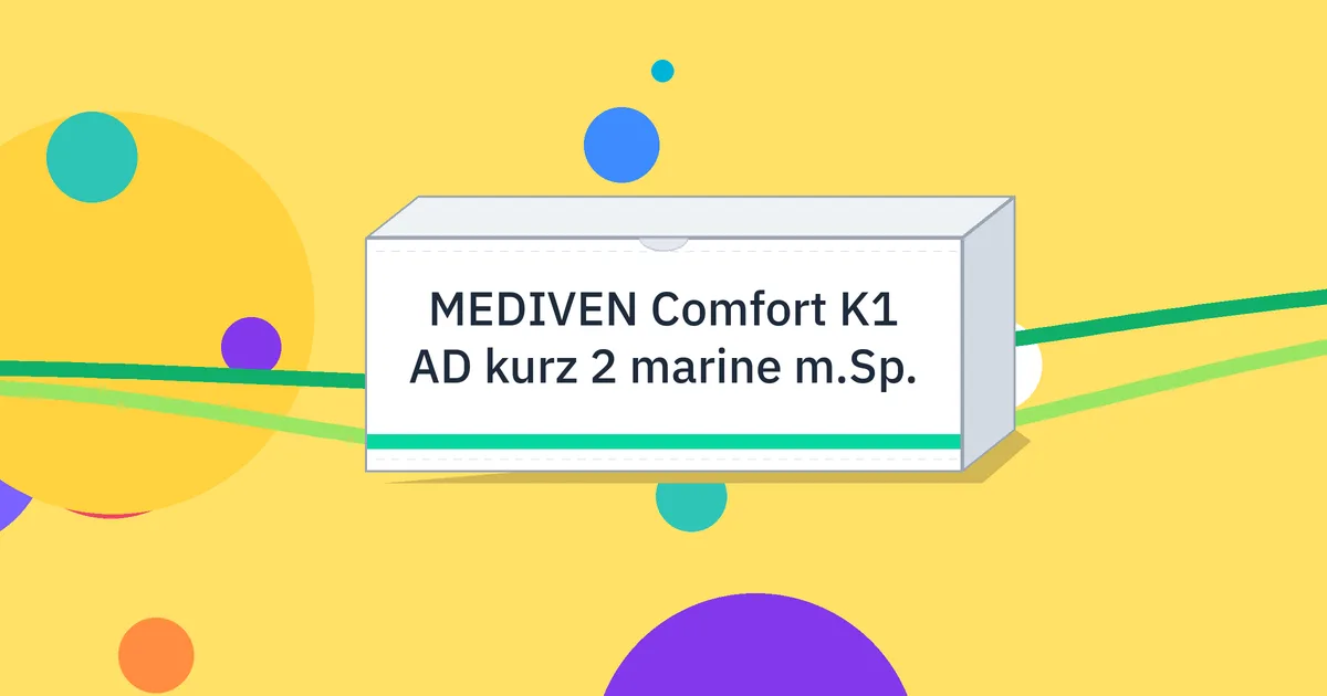 Symbolbild: Packung mit der Aufschrift MEDIVEN Comfort K1 AD kurz 2 marine m.Sp. (PZN 14563534) – Verfügbarkeit und Bezug in Apotheken in Frankfurt am Main