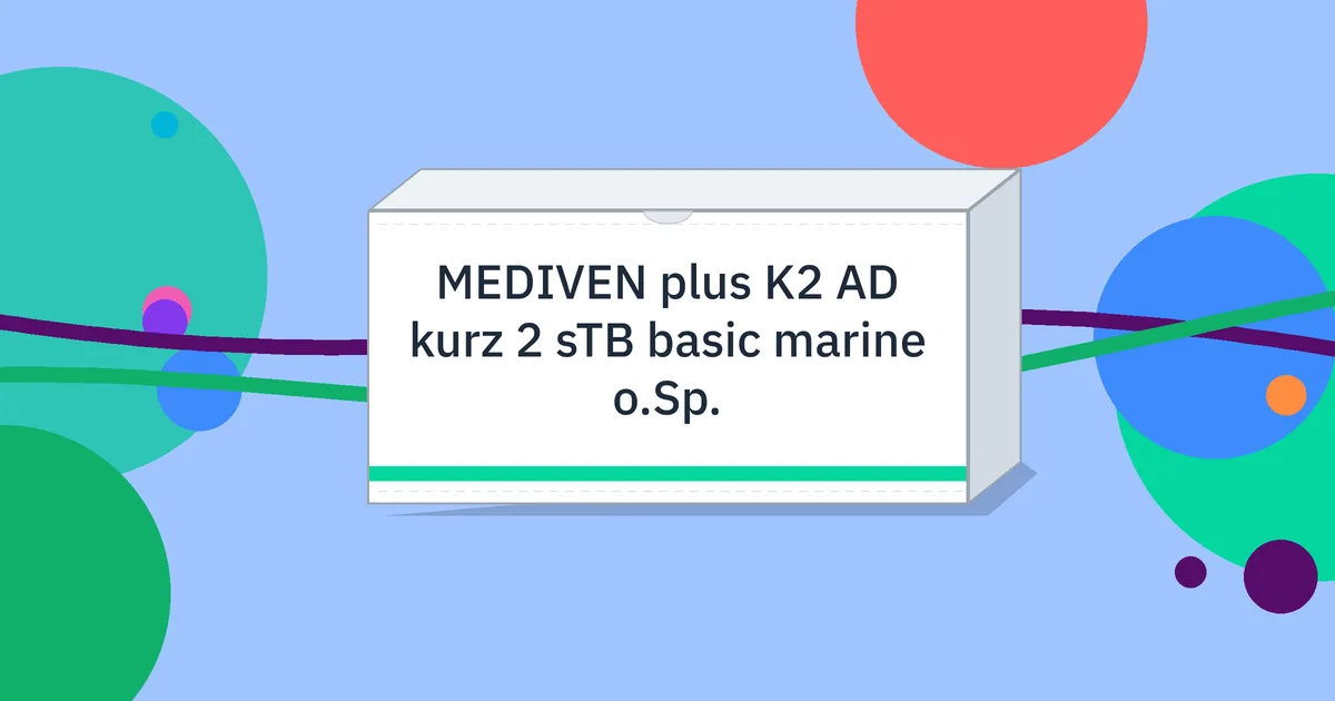 Symbolbild: Packung mit der Aufschrift MEDIVEN plus K2 AD kurz 2 sTB basic marine o.Sp. (PZN 15098973) – Verfügbarkeit und Bezug in Apotheken in Frankfurt am Main