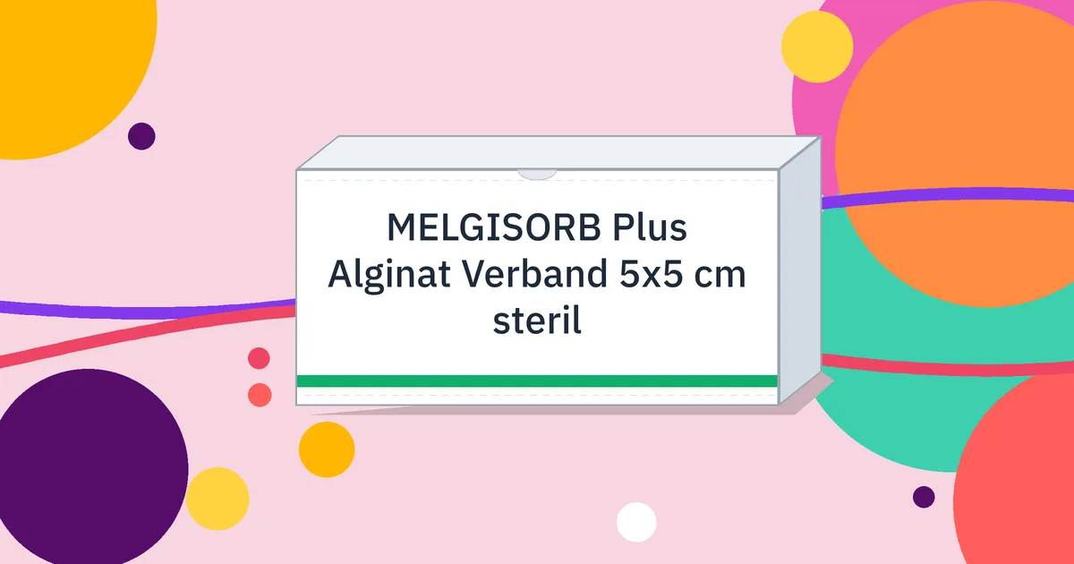 Symbolbild: Packung mit der Aufschrift MELGISORB Plus Alginat Verband 5x5 cm steril (PZN 19647106) – Verfügbarkeit und Bezug in Apotheken in Frankfurt am Main