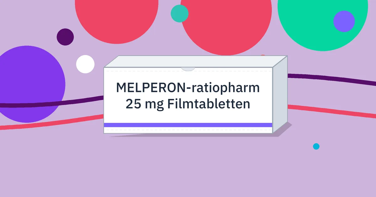 Symbolbild: Packung mit der Aufschrift MELPERON-ratiopharm 25 mg Filmtabletten (PZN 08916690) – Verfügbarkeit und Bezug in Apotheken in Frankfurt am Main