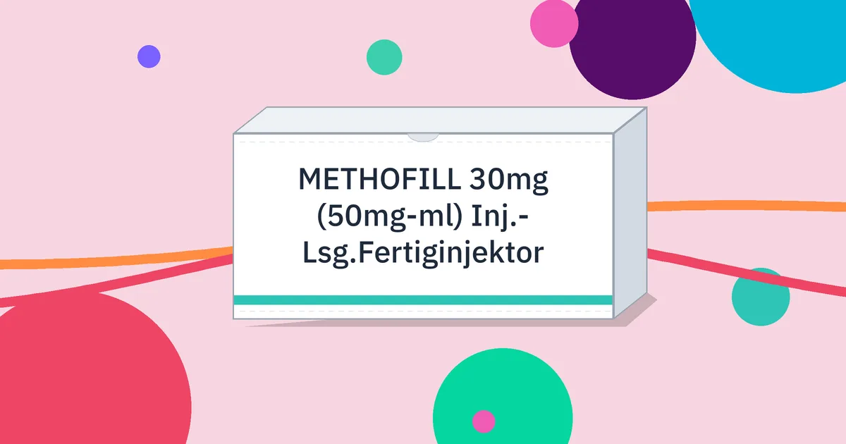 Symbolbild: Packung mit der Aufschrift METHOFILL 30mg (50mg-ml) Inj.-Lsg.Fertiginjektor (PZN 18661127) – Verfügbarkeit und Bezug in Apotheken in Frankfurt am Main