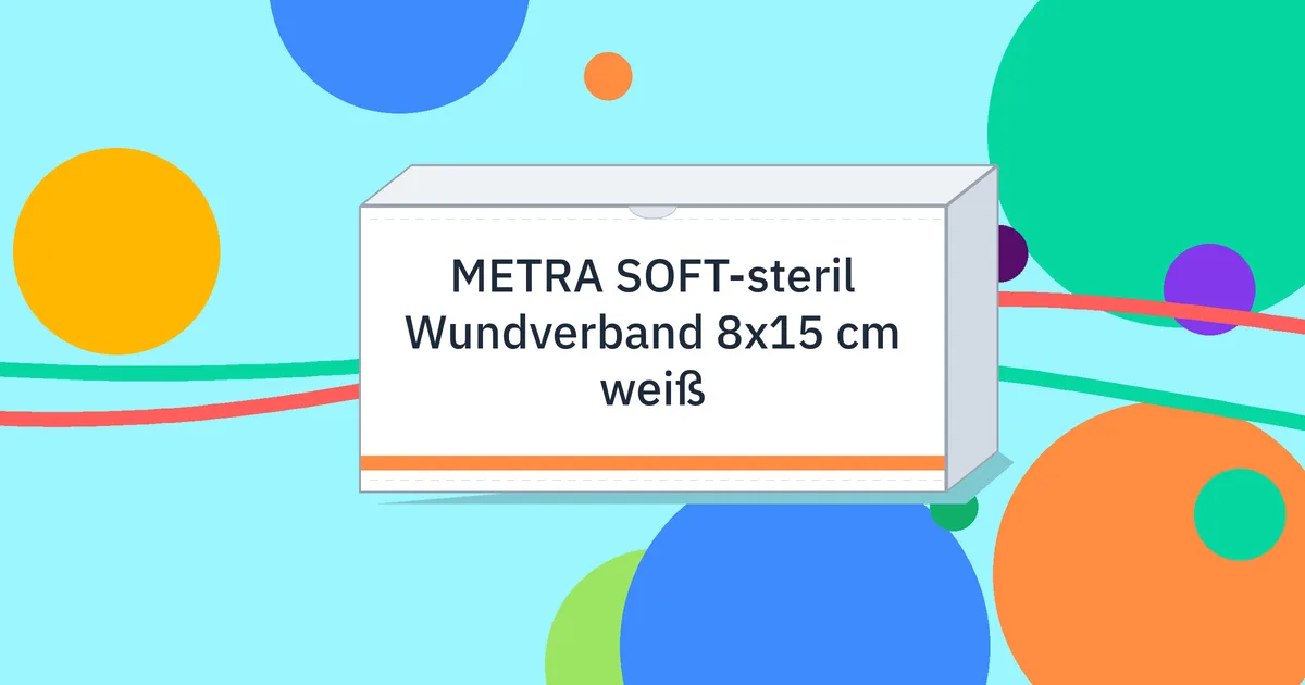 Symbolbild: Packung mit der Aufschrift METRA SOFT-steril Wundverband 8x15 cm weiß (PZN 07772734) – Verfügbarkeit und Bezug in Apotheken in Frankfurt am Main