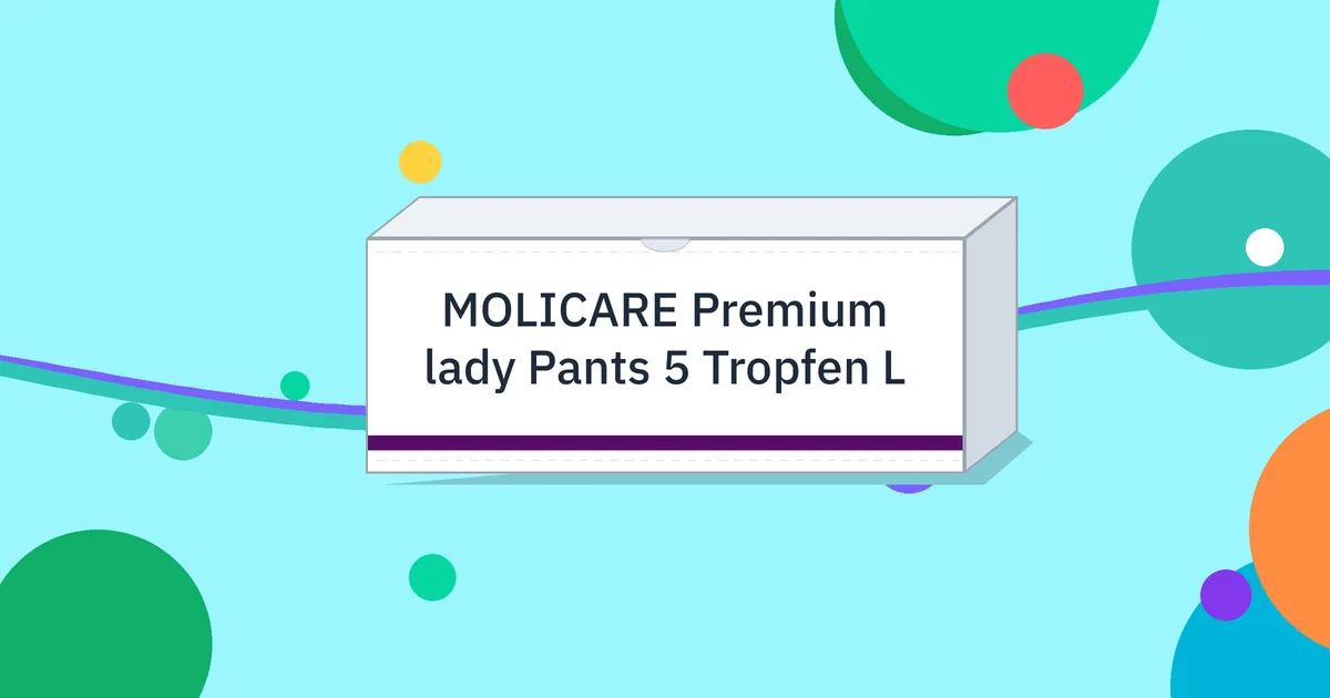 Symbolbild: Packung mit der Aufschrift MOLICARE Premium lady Pants 5 Tropfen L (PZN 18300783) – Verfügbarkeit und Bezug in Apotheken in Frankfurt am Main