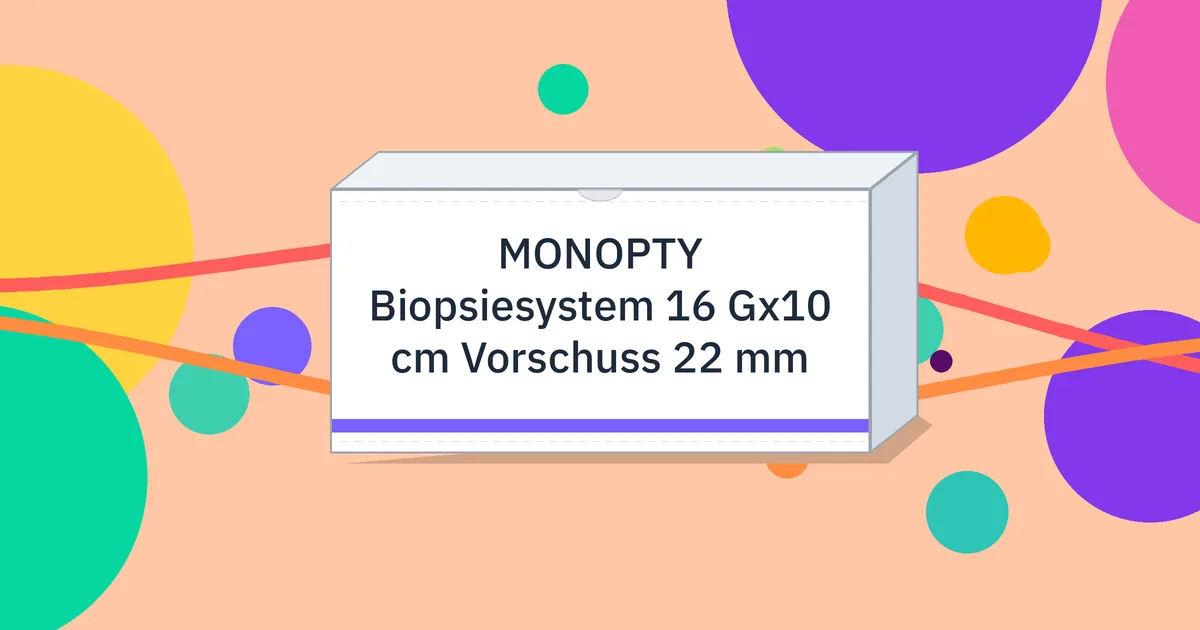Symbolbild: Packung mit der Aufschrift MONOPTY Biopsiesystem 16 Gx10 cm Vorschuss 22 mm (PZN 03469128) – Verfügbarkeit und Bezug in Apotheken in Frankfurt am Main