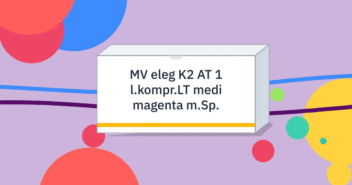 Symbolbild: Packung mit der Aufschrift MV eleg K2 AT 1 l.kompr.LT medi magenta m.Sp. (PZN 15285592) – Verfügbarkeit und Bezug in Apotheken in Frankfurt am Main