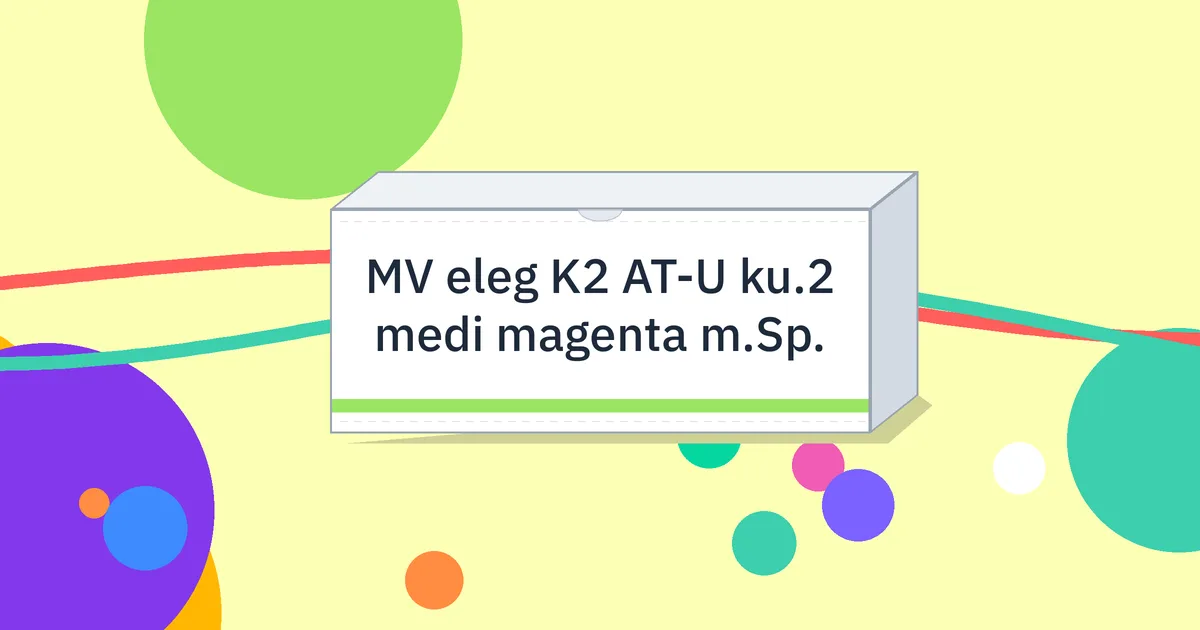 Symbolbild: Packung mit der Aufschrift MV eleg K2 AT-U ku.2 medi magenta m.Sp. (PZN 15291693) – Verfügbarkeit und Bezug in Apotheken in Frankfurt am Main