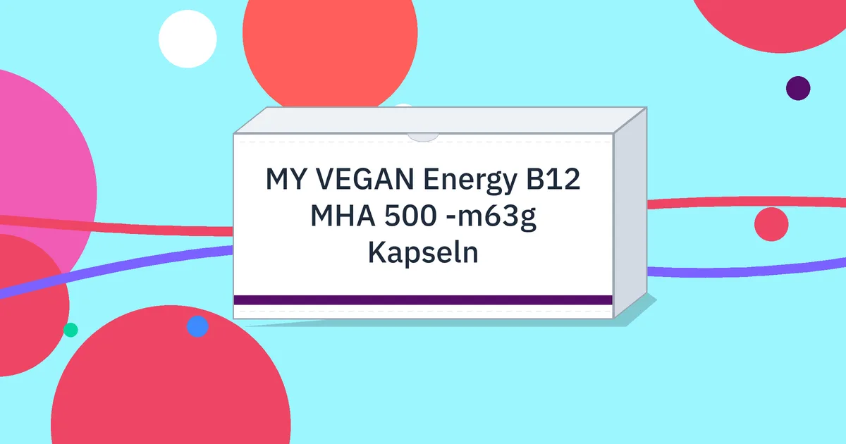 Symbolbild: Packung mit der Aufschrift MY VEGAN Energy B12 MHA 500 -m63g Kapseln (PZN 13989277) – Verfügbarkeit und Bezug in Apotheken in Frankfurt am Main