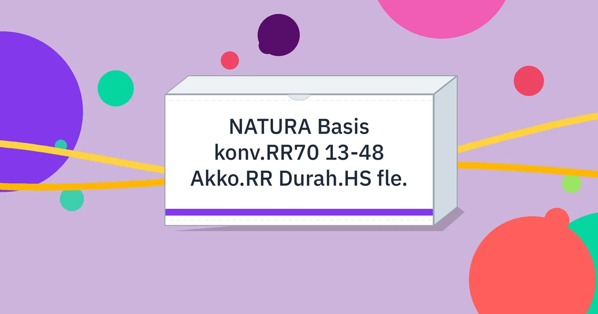 Symbolbild: Packung mit der Aufschrift NATURA Basis konv.RR70 13-48 Akko.RR Durah.HS fle. (PZN 12202849) – Verfügbarkeit und Bezug in Apotheken in Frankfurt am Main