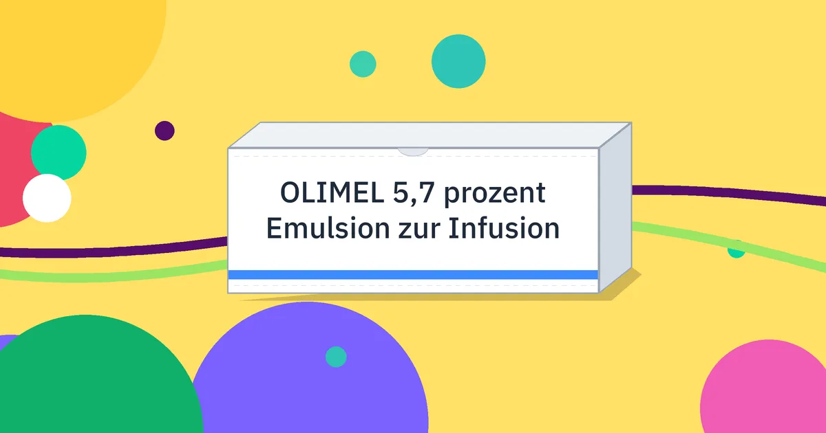 Symbolbild: Packung mit der Aufschrift OLIMEL 5,7 prozent Emulsion zur Infusion (PZN 16881586) – Verfügbarkeit und Bezug in Apotheken in Frankfurt am Main