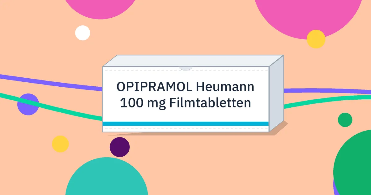 Symbolbild: Packung mit der Aufschrift OPIPRAMOL Heumann 100 mg Filmtabletten (PZN 09166558) – Verfügbarkeit und Bezug in Apotheken in Frankfurt am Main