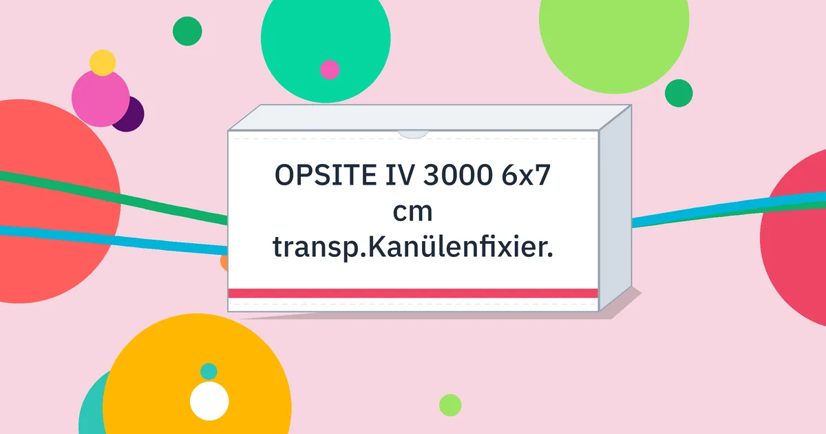 Symbolbild: Packung mit der Aufschrift OPSITE IV 3000 6x7 cm transp.Kanülenfixier. (PZN 07478153) – Verfügbarkeit und Bezug in Apotheken in Frankfurt am Main